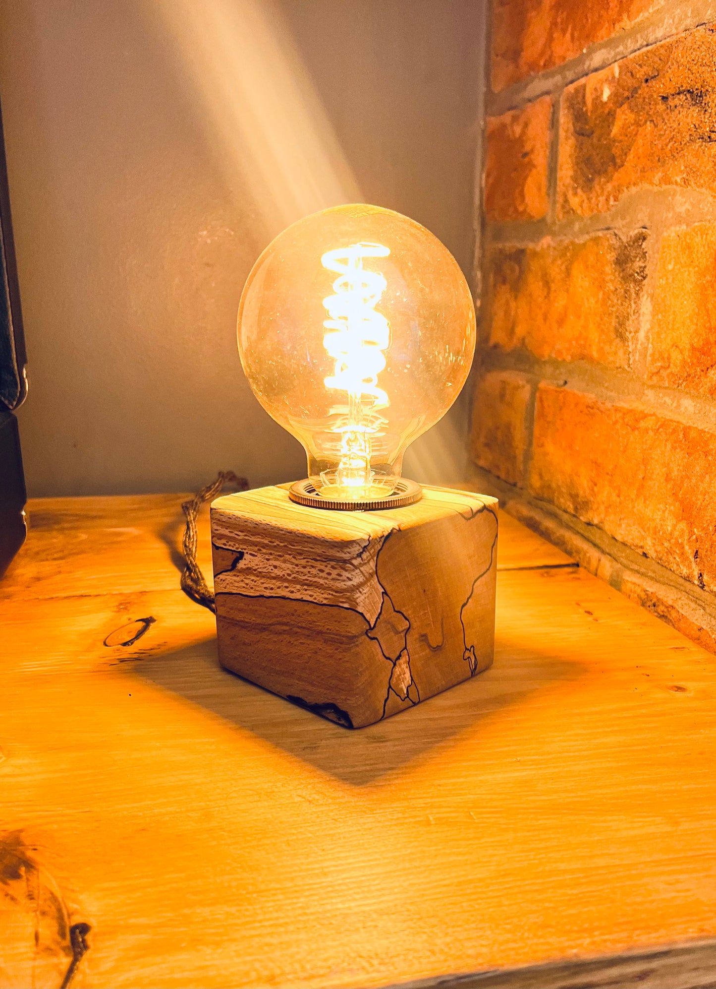 Handmade Rustic Spalted Beech Wood Cube Lamp with Brown Marl Fabric Ca ...