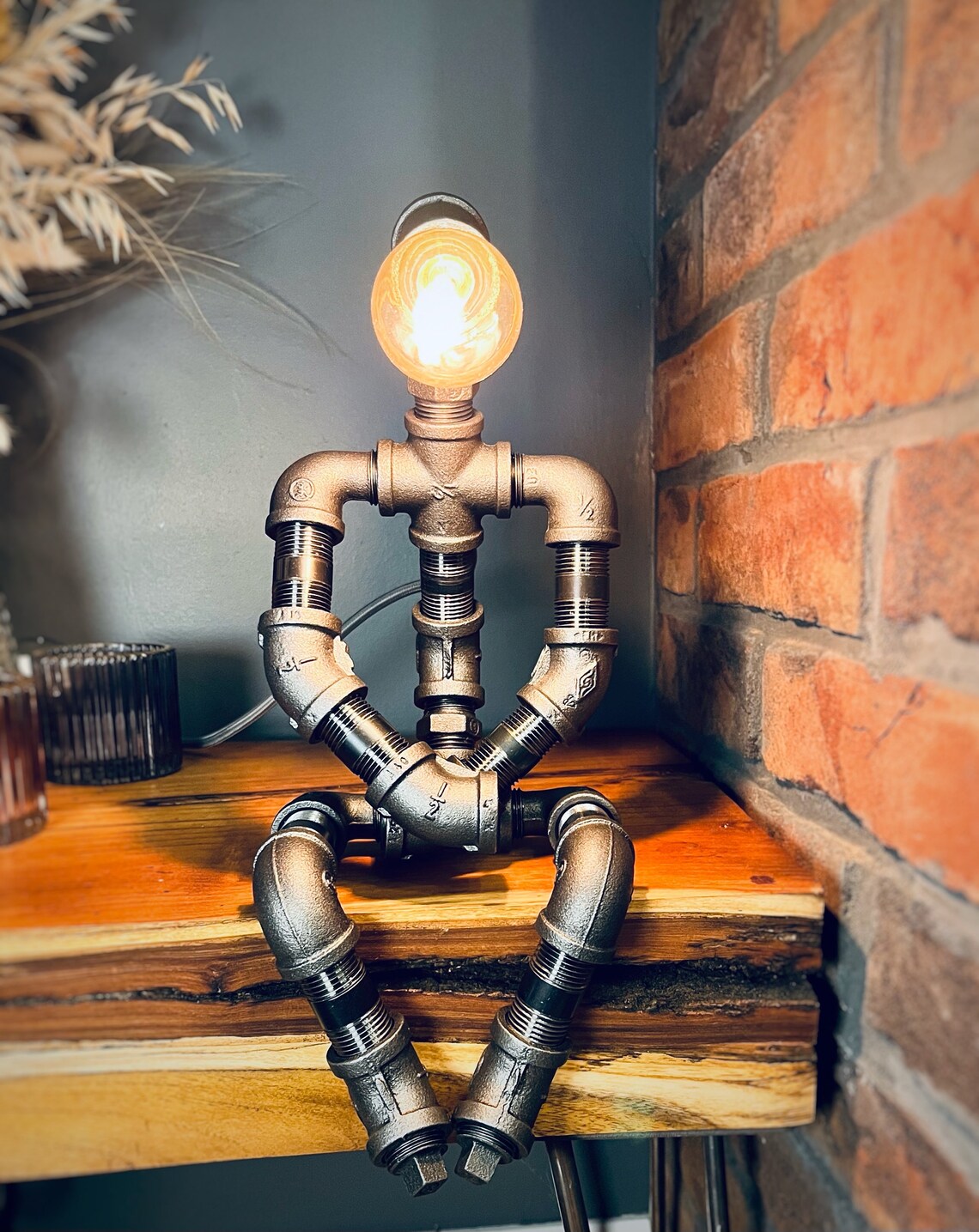 The Pensive Man Industrial Style Iron Pipe Man Lamp & Vintage Bulb ...