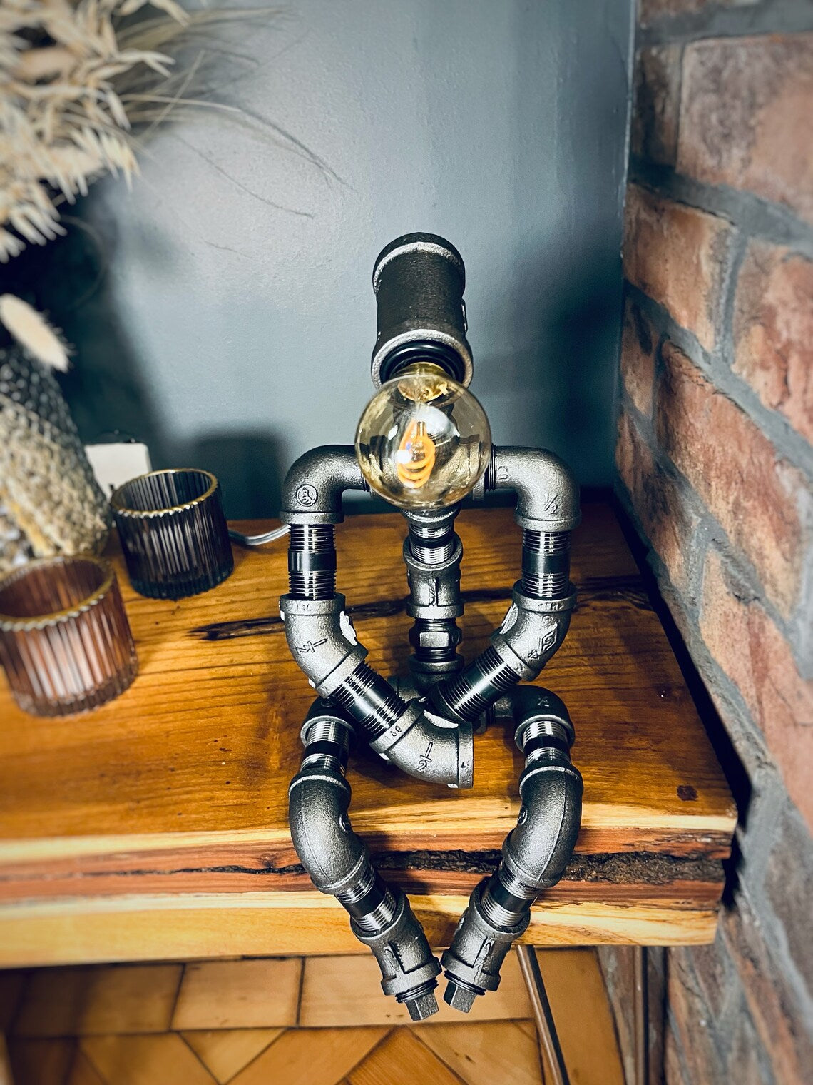 The Pensive Man Industrial Style Iron Pipe Man Lamp & Vintage Bulb ...