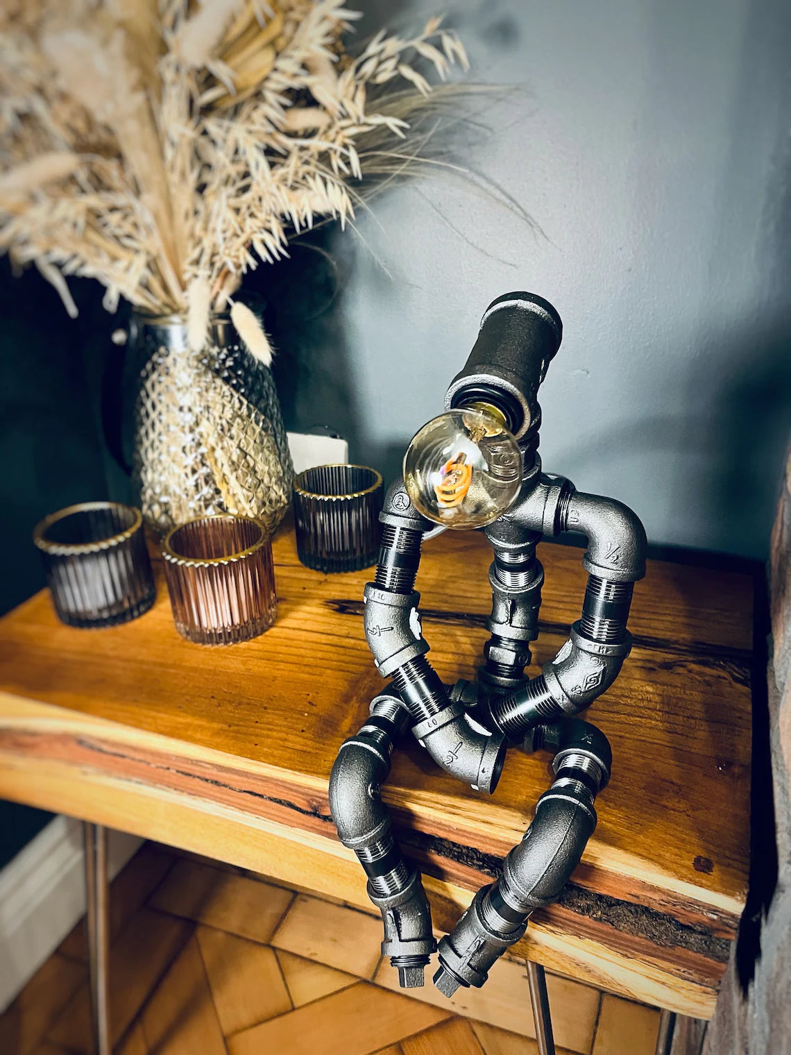 The Pensive Man Industrial Style Iron Pipe Man Lamp & Vintage Bulb ...