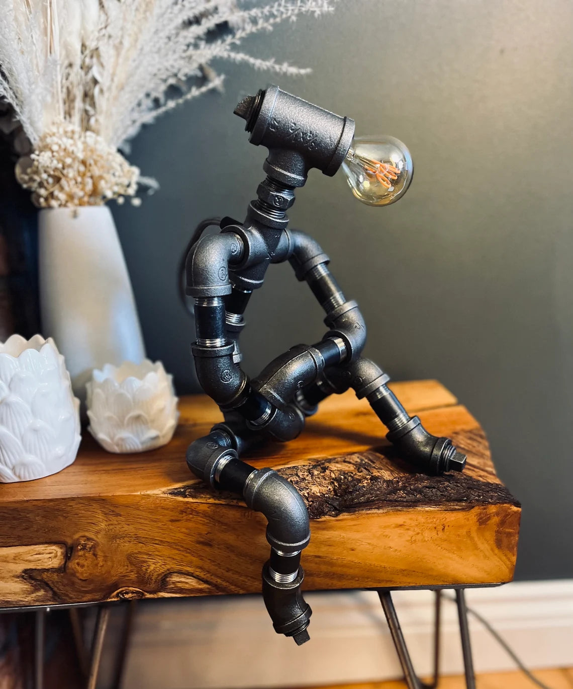 The Companion Industrial Style Iron Pipe Person Lamp & Vintage Bulb ...
