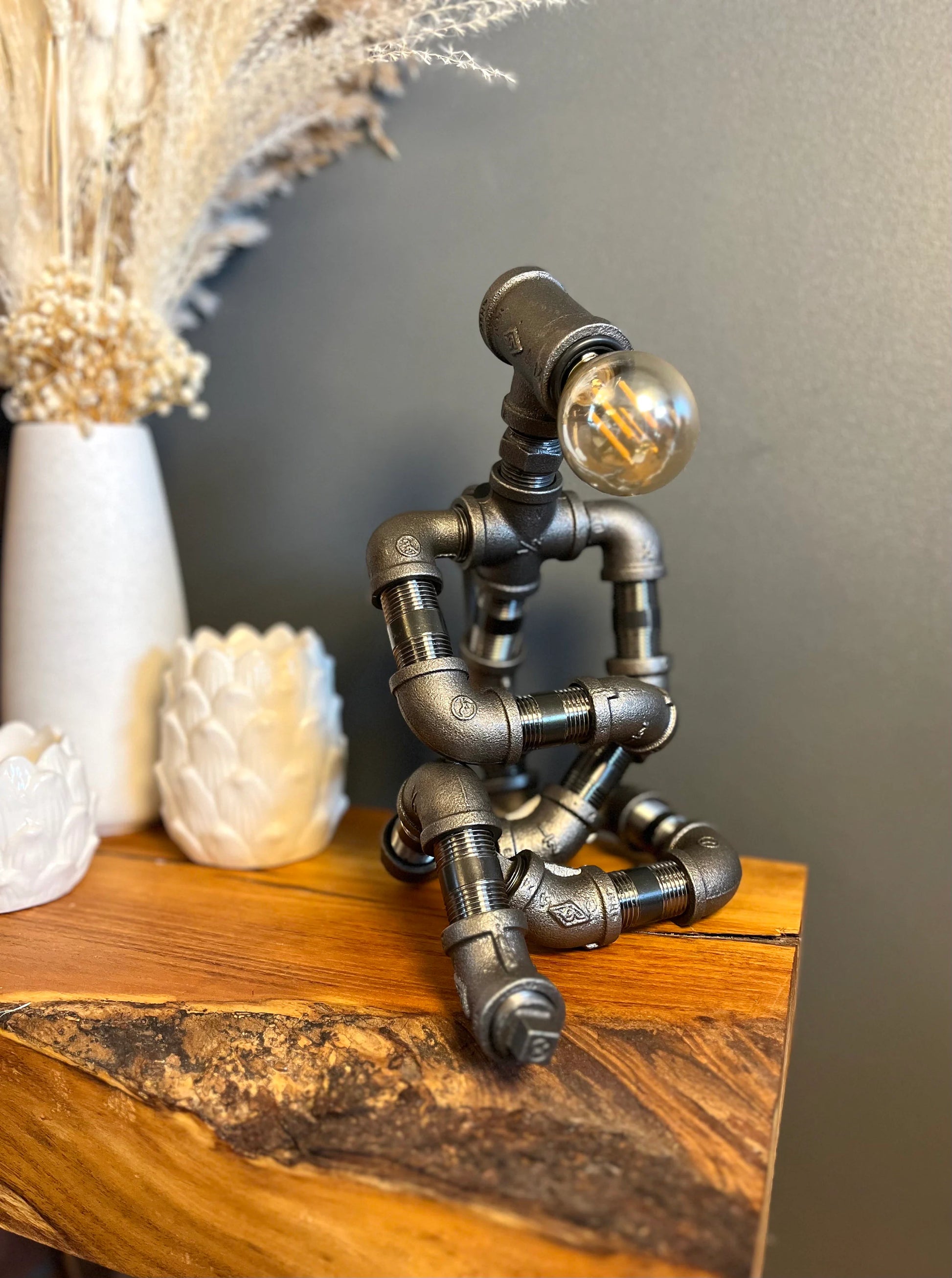 The Thinking Man Industrial Style Iron Pipe Person Lamp & Modern White ...