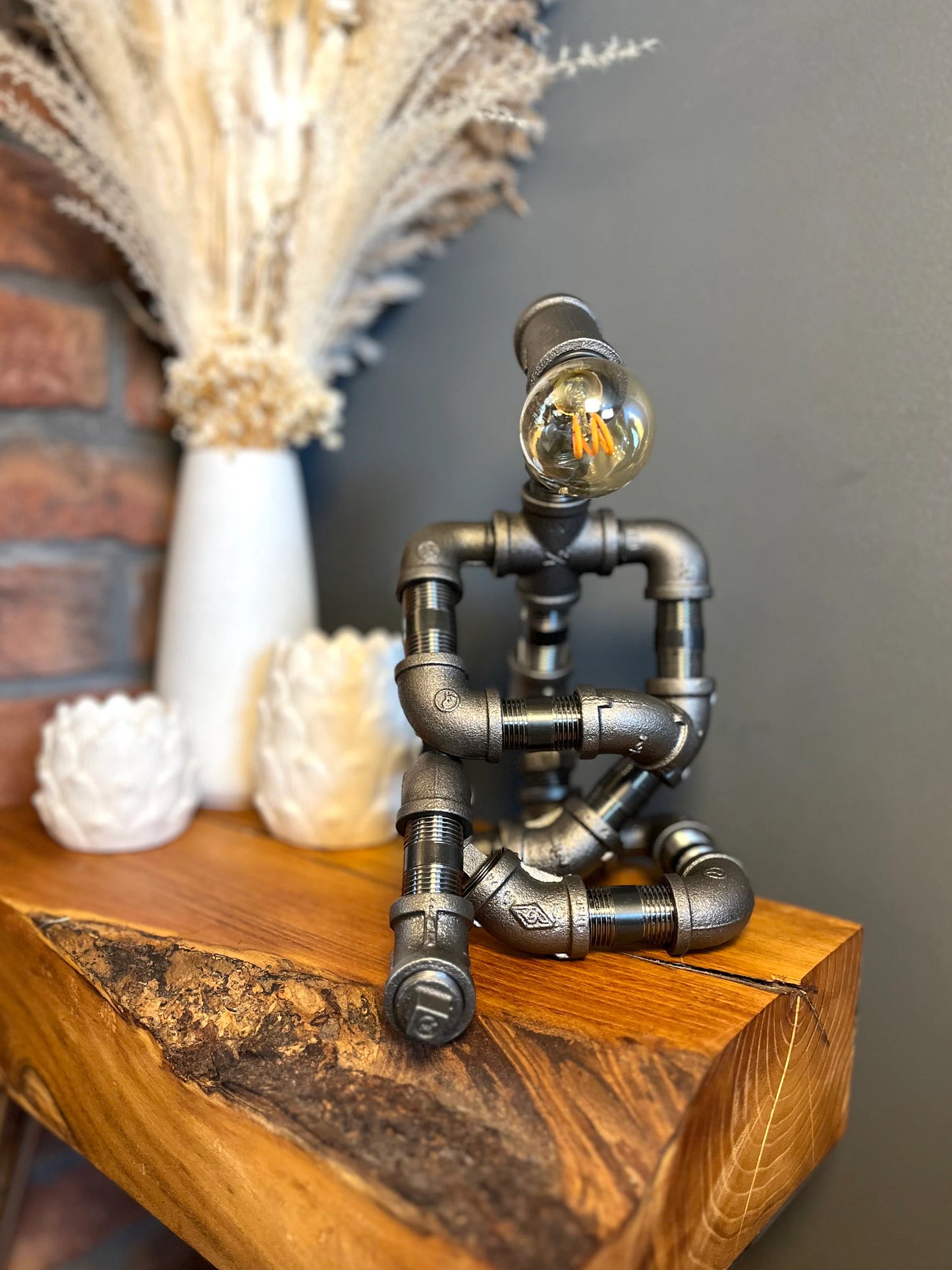 The Thinking Man Industrial Style Iron Pipe Person Lamp & Vintage Bulb ...