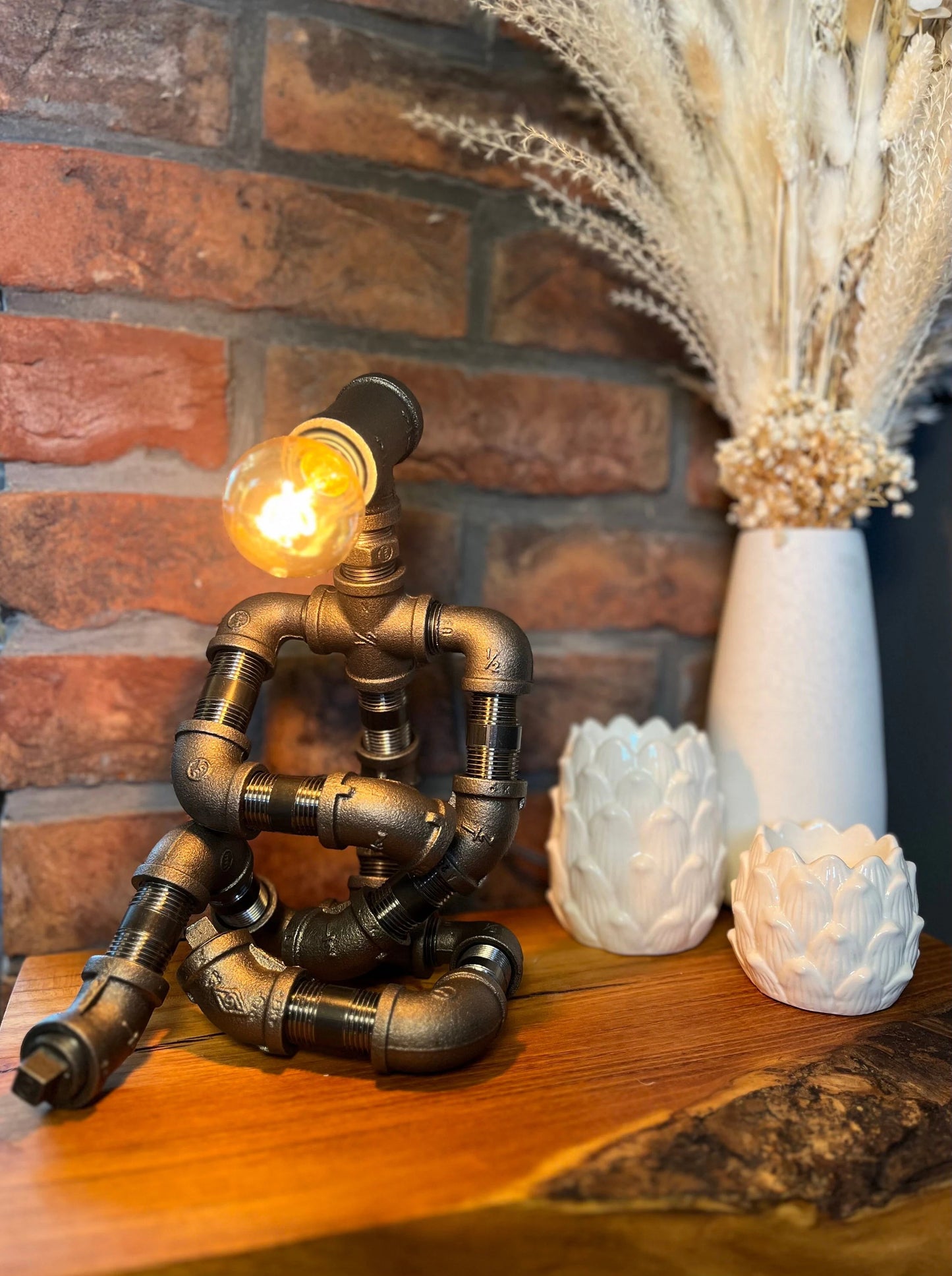 The Thinking Man Industrial Style Iron Pipe Person Lamp & Vintage Bulb ...