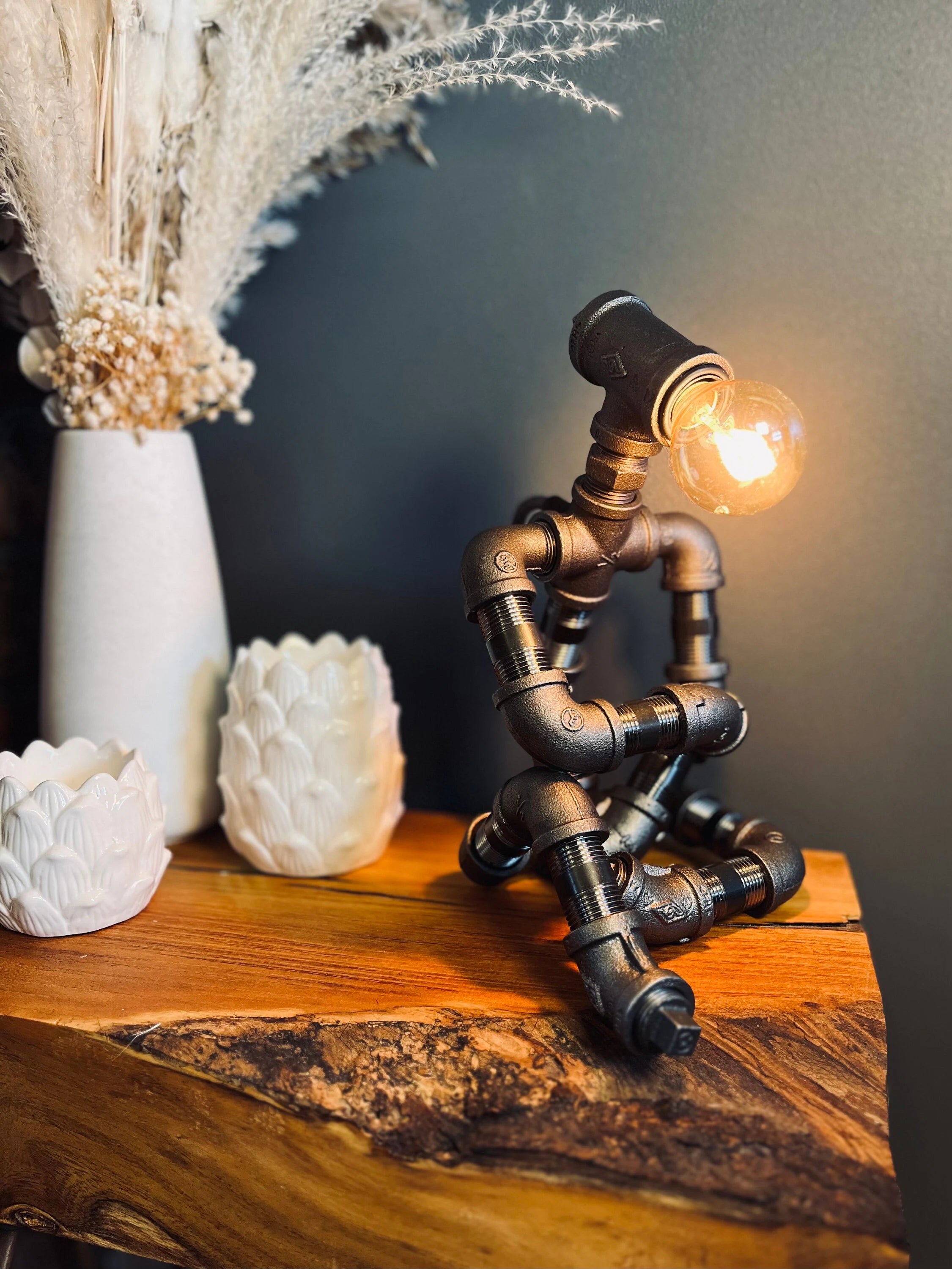 The Thinking Man Industrial Style Iron Pipe Person Lamp & Vintage Bulb ...