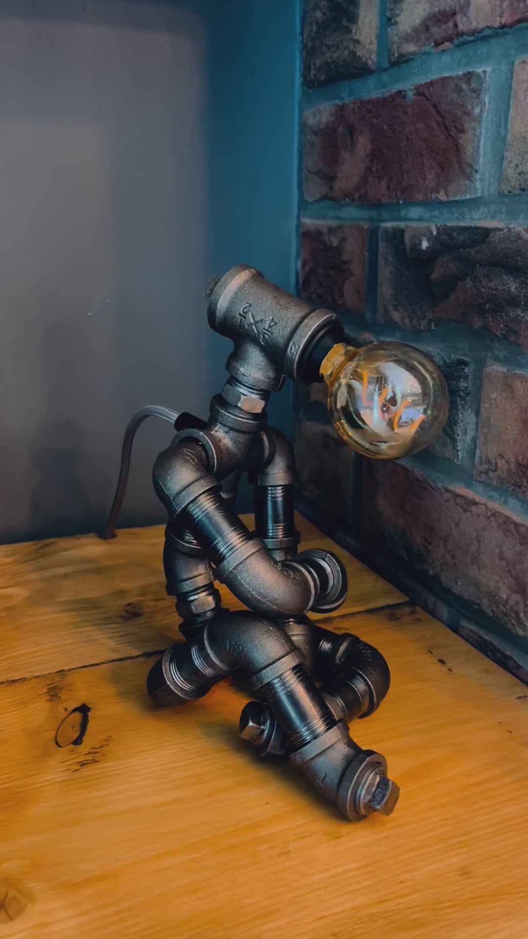 The Thinking Man Industrial Style Iron Pipe Person Lamp & Vintage Bulb ...